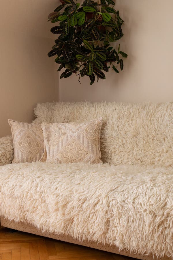 Comfortable Angle for Rest Time. Cozy Sofa with Woolen Blanket Stock ...
