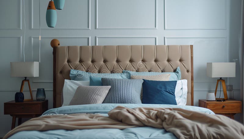 Comfortable Bed between Bedside Tables with Lamps at Home. Interior ...