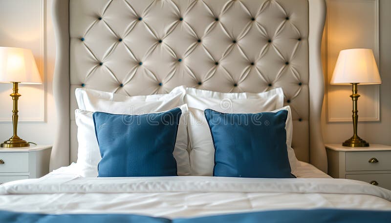 Comfortable Bed between Bedside Tables with Lamps at Home. Interior ...