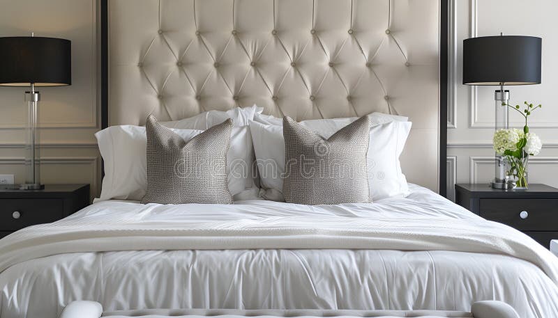 Comfortable Bed between Bedside Tables with Lamps at Home. Interior ...