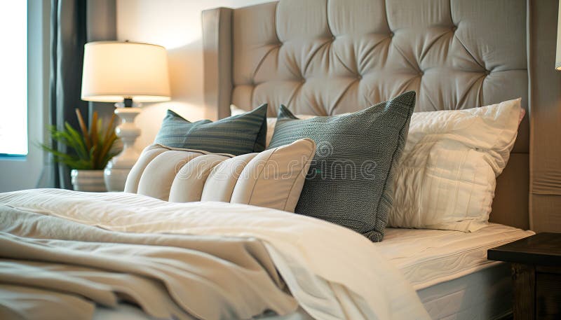 Comfortable Bed between Bedside Tables with Lamps at Home. Interior ...