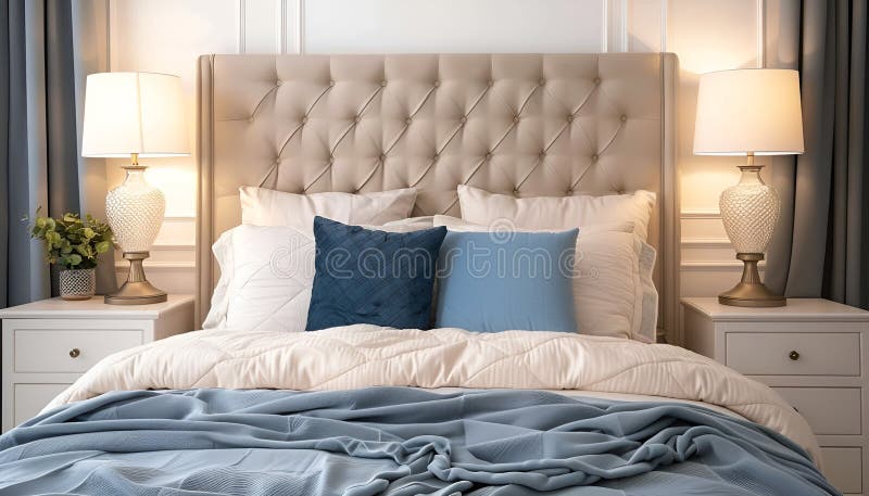 Comfortable Bed between Bedside Tables with Lamps at Home. Interior ...