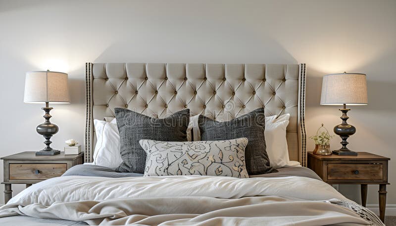 Comfortable Bed between Bedside Tables with Lamps at Home. Interior ...