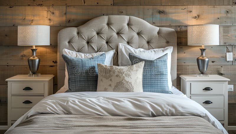 Comfortable Bed between Bedside Tables with Lamps at Home. Interior ...