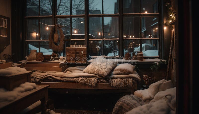 Comfortable Bed, Illuminated by Electric Lamp at Night Generated by AI ...