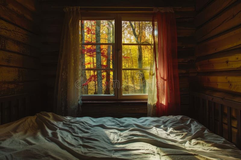 Comfortable Bed Inside a Charming Wooden Cabin with a View of Summer ...