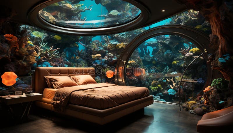 A Comfortable Bed in a Modern Bedroom, Underwater Fish Tank Generated ...