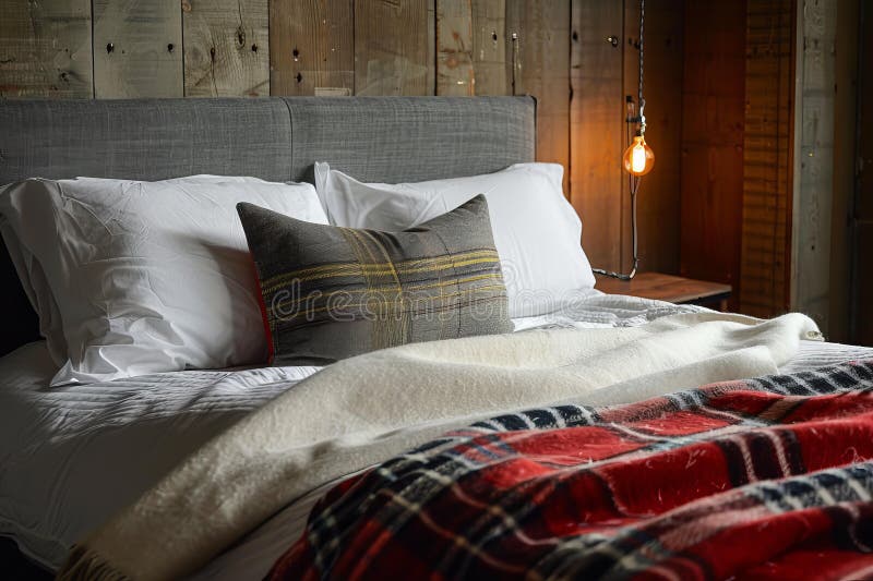 Comfortable Bed with Plaid Blankets and Pillows in Rustic Bedroom Stock ...