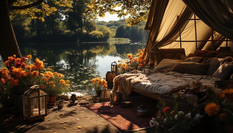 Comfortable Bed in Rustic Bedroom with Beautiful Nature View Outside ...