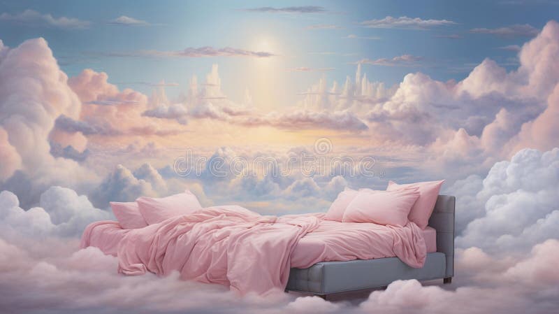 Comfortable Bed Situated in a Dreamy Sky Setting with Pink Linen Sheets ...