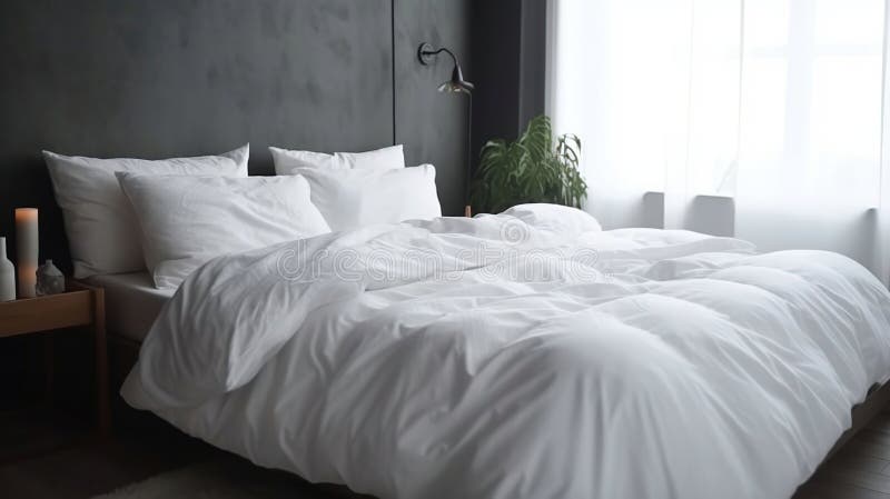 Comfortable Bed with Soft White Mattress, Blanket and Pillows Indoors ...