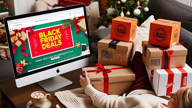 Comfortable Black Friday Online Shopping at Home Stock Illustration ...