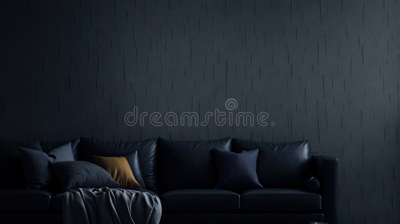 Comfortable Black Sofa in Modern Living Room with Black Wall. 3d ...