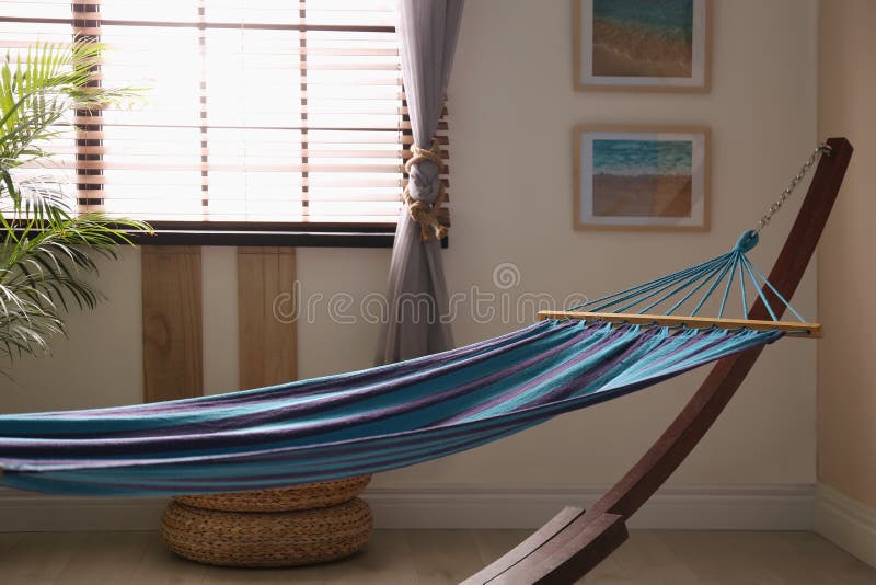 Comfortable Blue Hammock in Room. Interior Design Stock Image - Image ...