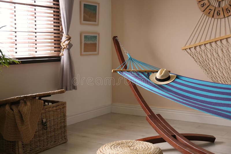 Comfortable Blue Hammock in Room. Interior Design Stock Photo - Image ...
