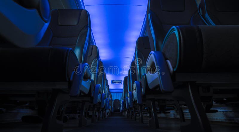 Comfortable Blue Illuminated Coach Bus Interior Stock Photo - Image of ...