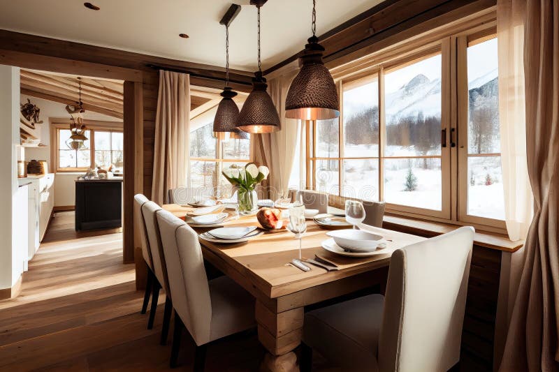 Comfortable Bright Room with Big Dining Table on Chalet Stock ...