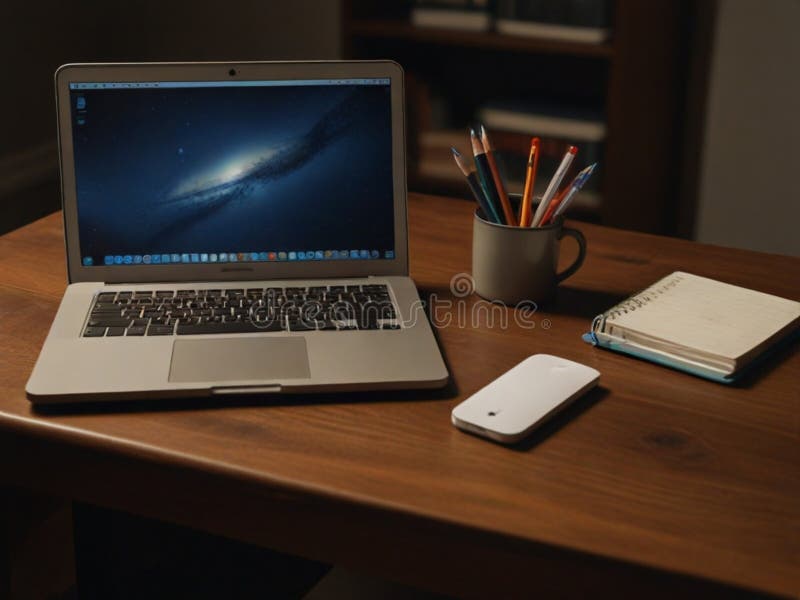 Desk with Computer and Notebook Stock Illustration - Illustration of ...
