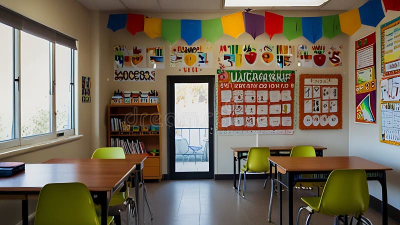 A Comfortable Classroom Adorned with Vibrant Educational Posters and ...