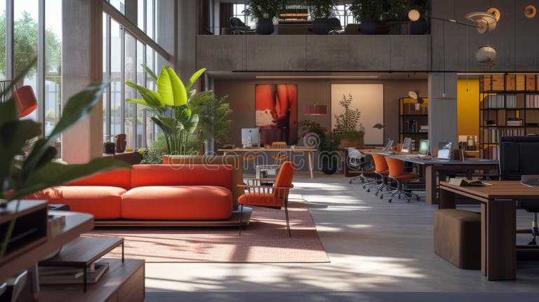 Comfortable Co-working Lounge with Stylish Sofas and Warm Lighting ...