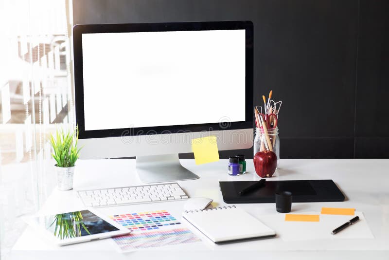 Comfortable Computer Pc on Creative Workplace with Modern Table. Stock ...