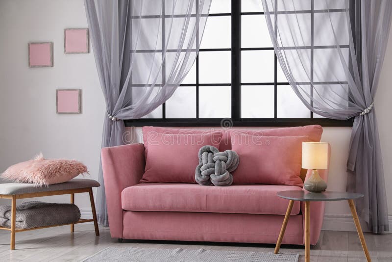 Comfortable Couch Near Window in Modern Living Room Stock Photo - Image ...