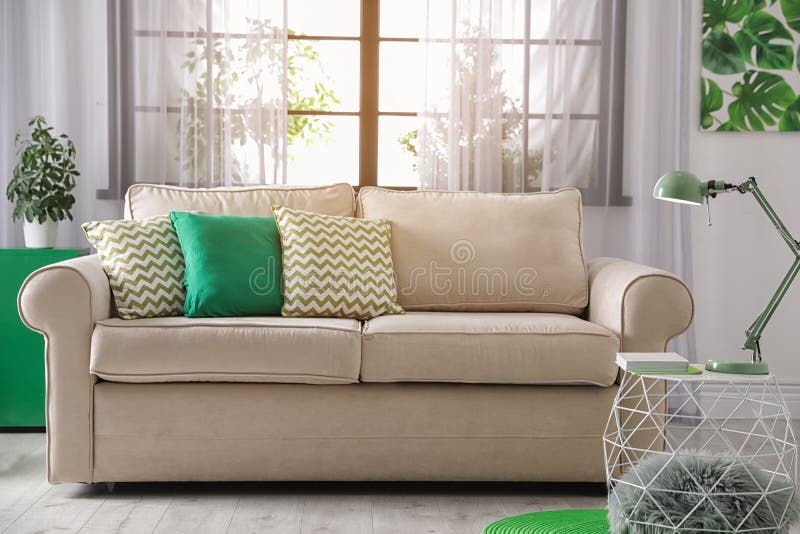Comfortable Couch Near Window in Modern Living Room Stock Image - Image ...