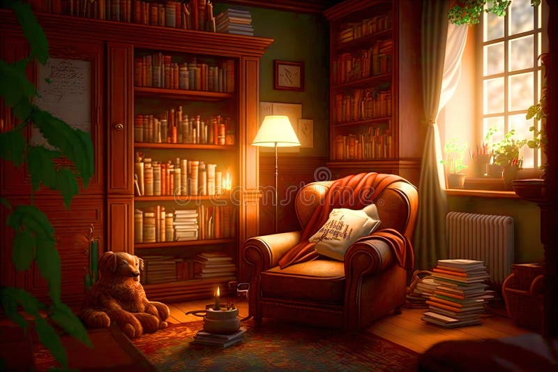 A Comfortable and Cozy Den with a Large Bookshelf and a Comfortable ...