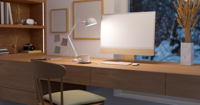Comfortable and Cozy Home Working Room Interior with Computer Mockup ...