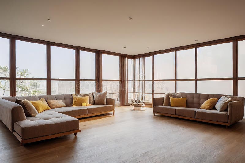 Comfortable Empty Living Room with Huge Windows, No People. Stock ...