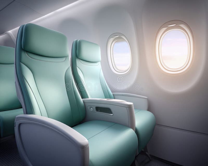 Comfortable First-class Airplane Cabin with Teal Seats, Bright Windows ...