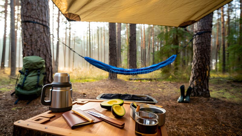 Comfortable Forest Camping with Hammock and Table for Relaxation Stock ...