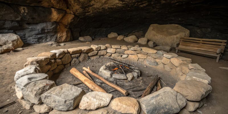 Comfortable Gathering Space with a Stone Fire Pit in a Natural Cave ...