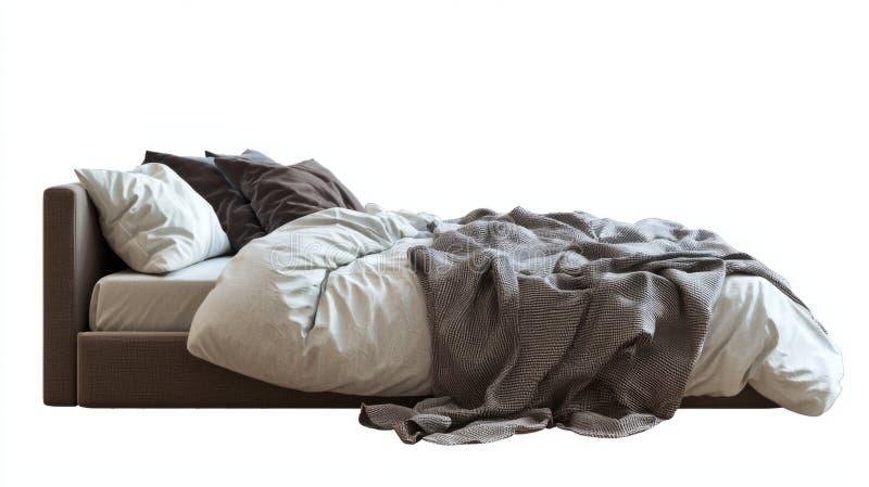 Comfortable Gray Bed with Linens on White Background Stock Image ...