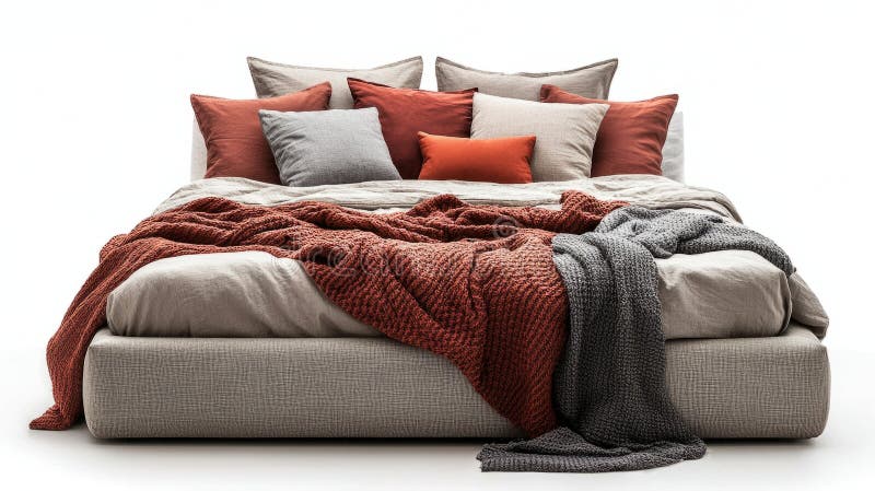 Comfortable Gray Bed with Linens on White Background Stock Image ...