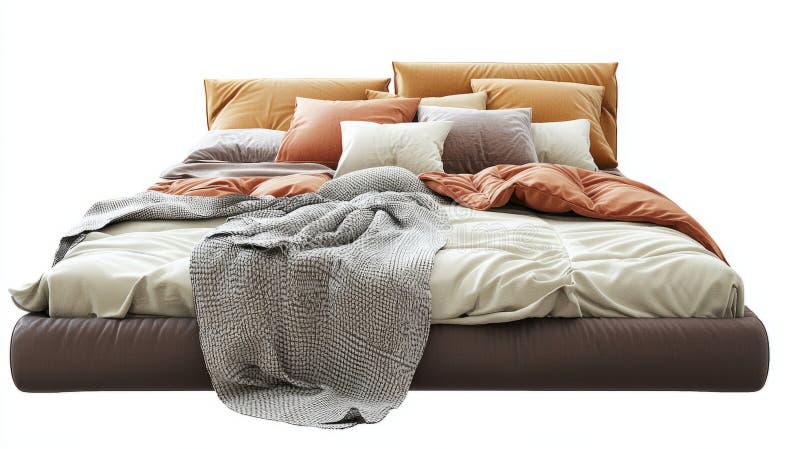 Comfortable Gray Bed with Linens on White Background Stock Photo ...