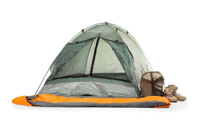 Comfortable Grey Camping Tent with Sleeping Bag and Boots on White ...