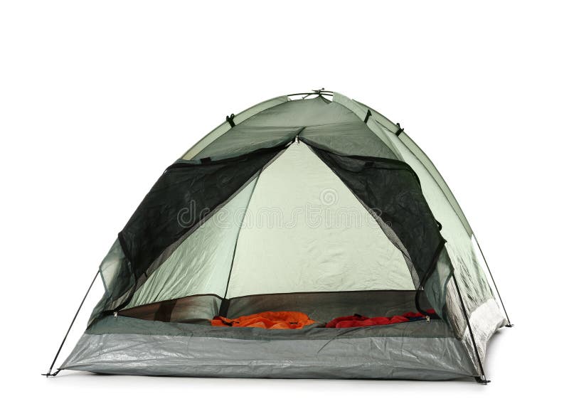 Comfortable Grey Camping Tent with Sleeping Bags on White Stock Photo ...