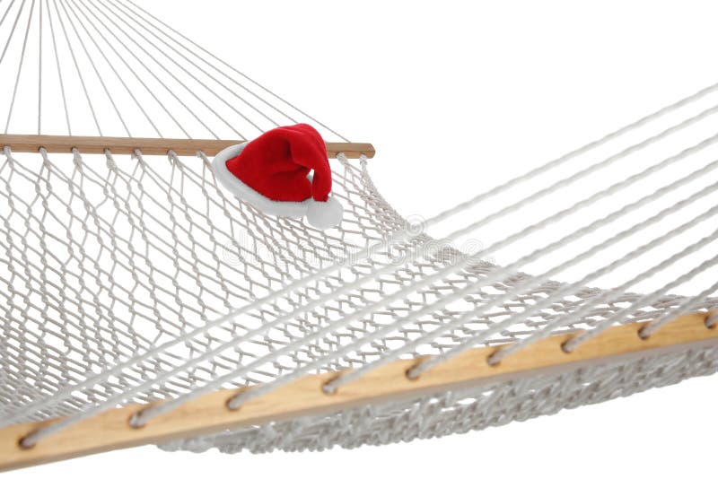 Comfortable Hammock and Santa Claus Hat on White Background. Stock ...