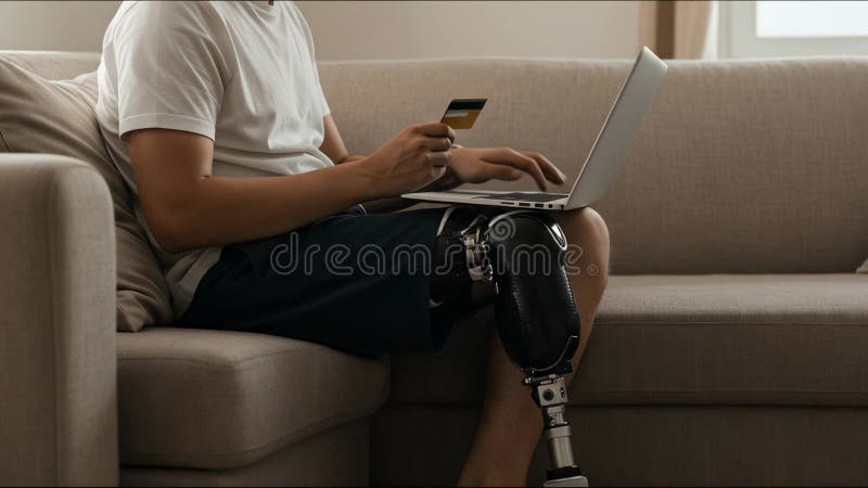 Young Man with Bionic Leg Prosthesis Sitting on Sofa Using Laptop and Credit Card for Online ...