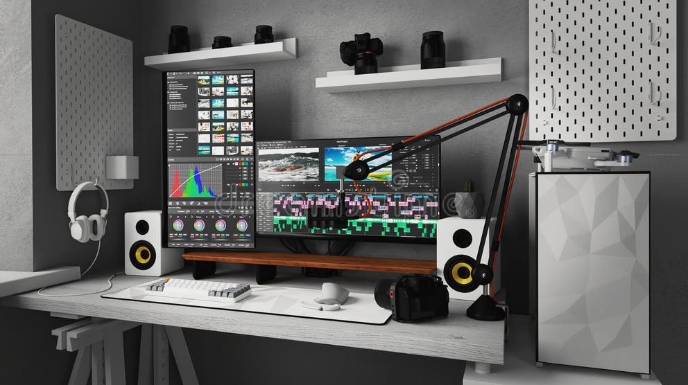 Comfortable Home Workplace for Videographer and Video Editor. Working ...