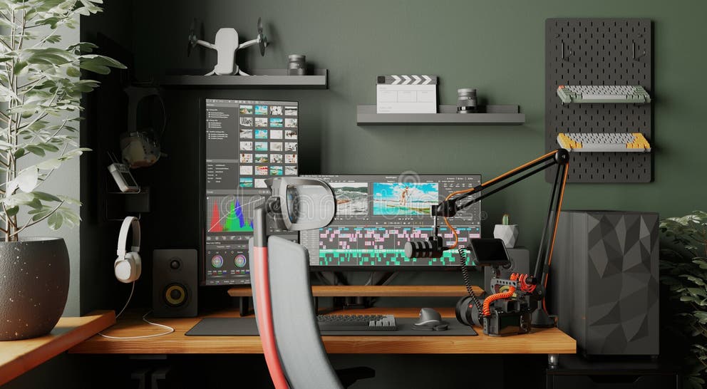 Comfortable Home Workplace for Videographer and Video Editor. Working ...