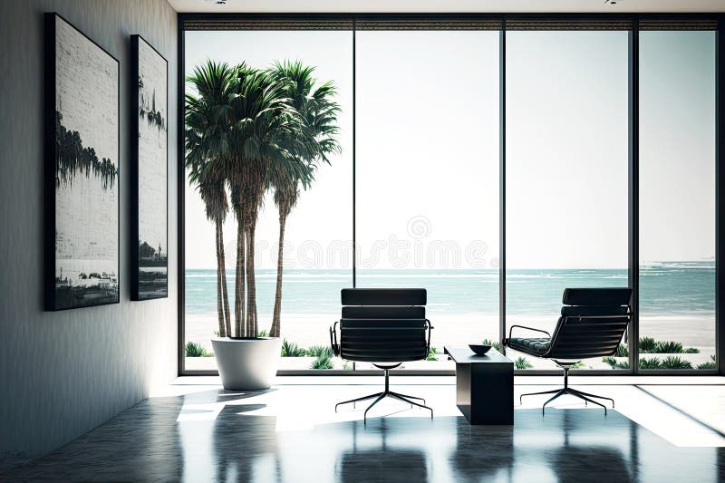 Comfortable Interior of Empty Seating Area in Office Overlooking Ocean ...