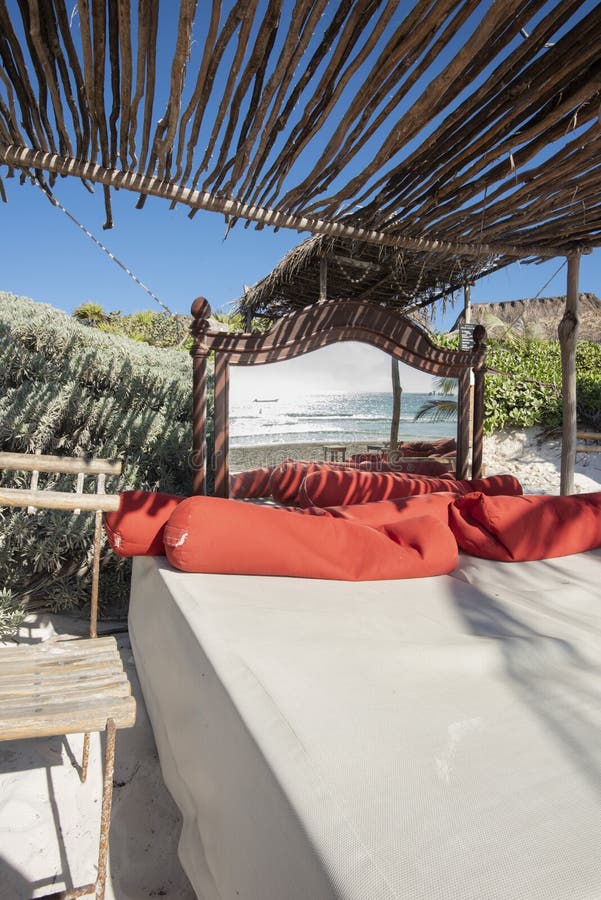 Comfortable King Size Bed on the Beach Stock Photo - Image of blue ...