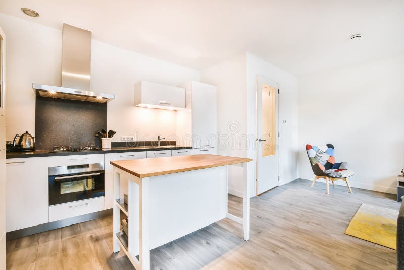 Kitchen Design with Bright Red Kitchen Set Stock Image - Image of table ...