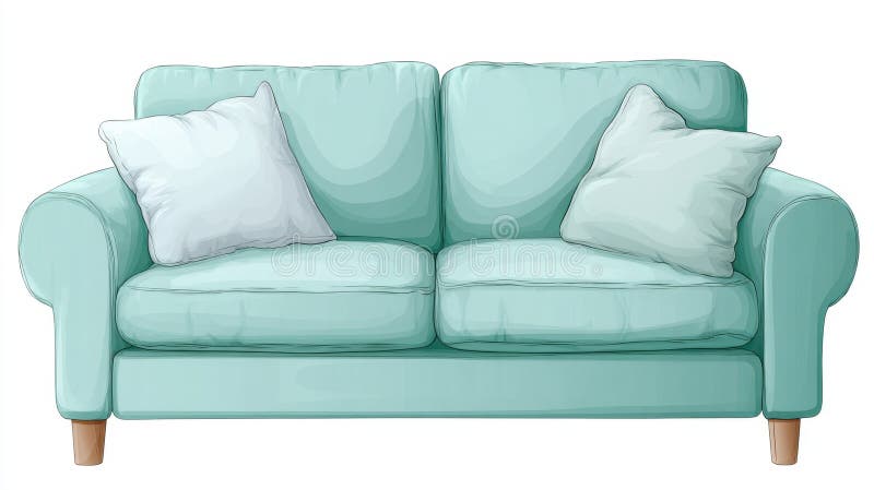 Comfortable Light Blue Sofa with Cushions on Wooden Legs Stock Photo ...