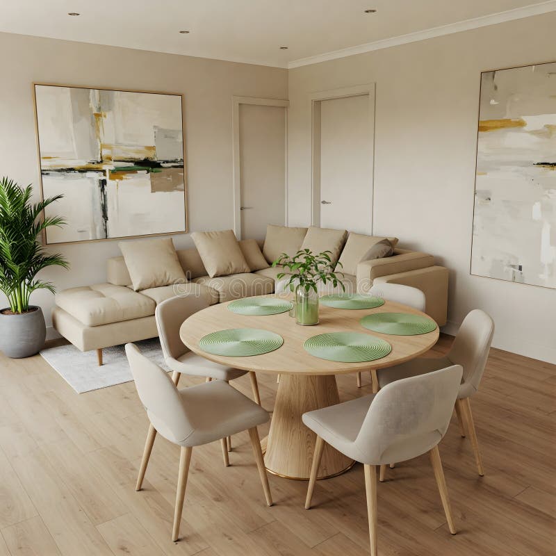 Comfortable Living and Dining Space with Abstract Art Stock ...