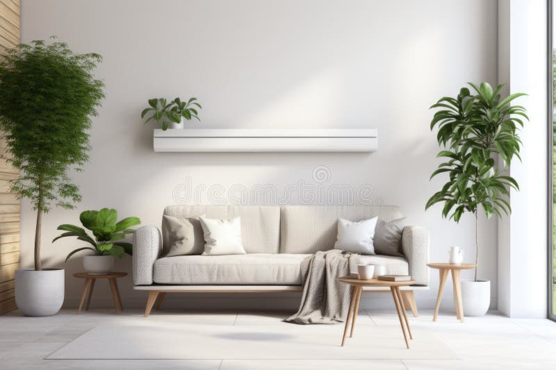 A Comfortable Living Room with a Couch, Plant, and Air Conditioner ...