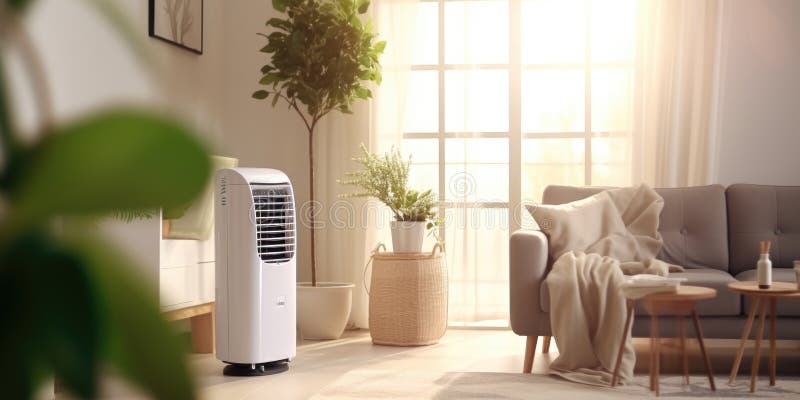 A Comfortable Living Room with a Couch and a Small Air Conditioner. Perfect for Home Interior ...