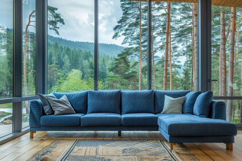 Comfortable Living Room Features a Blue Corner Sofa beside a Panoramic ...